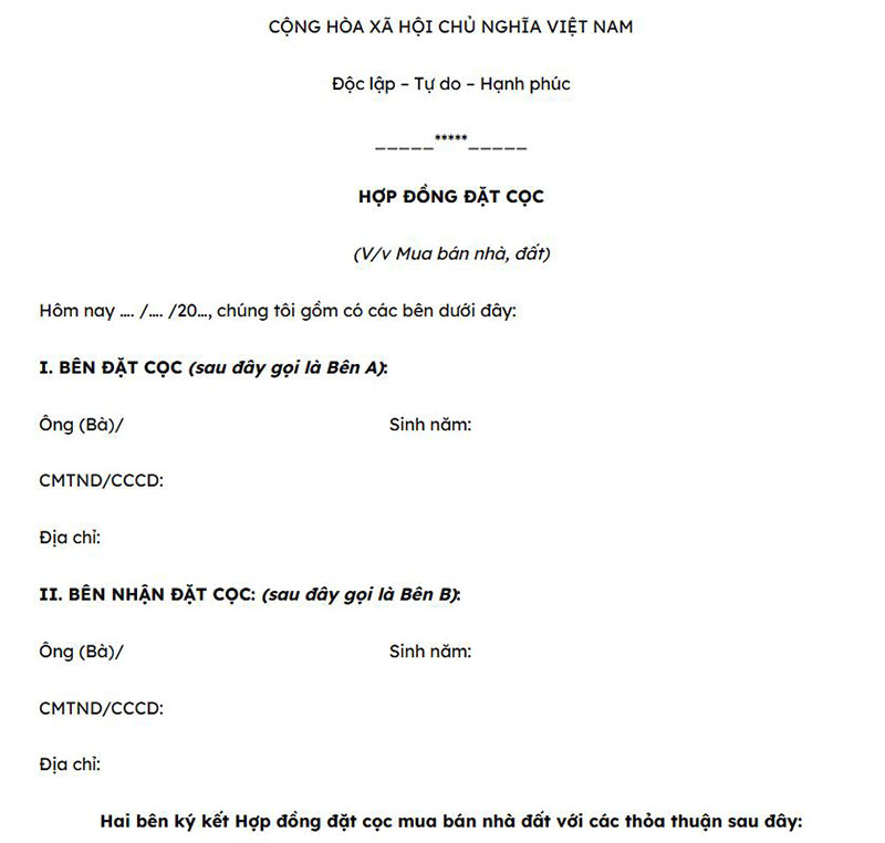 Mẫu Giấy Thỏa Thuận Đặt Cọc Mua Bán Nhà Đất Và Phân Tích Pháp Lý Chuyên ...